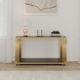 Modern Glass Console Table, 55" Gold Sofa Table with Sturdy Metal Frame and Black Tempered Glass ...
